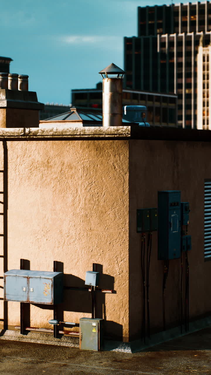 Premium stock video - A rooftop with electrical boxes and a ladder in a ...