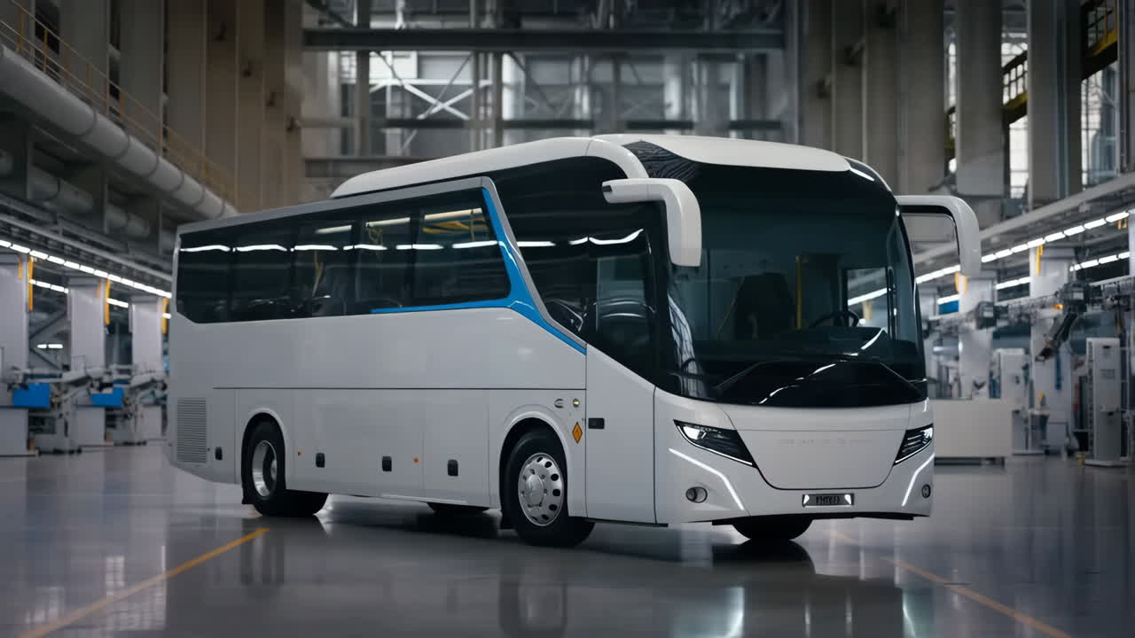 Modern Coach Bus in a Factory Setting | Premium Stock Video Footage