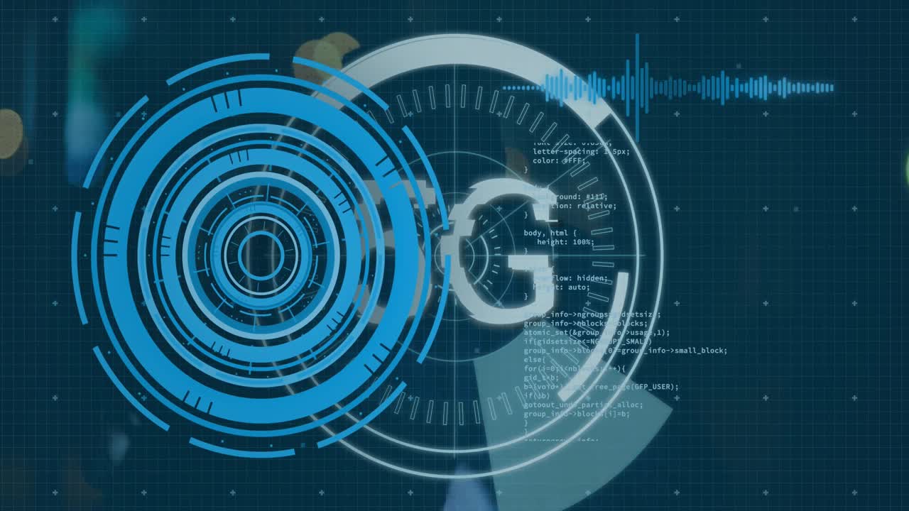 Premium stock video - Animation of scope scanning with 5g text and data processing over ...
