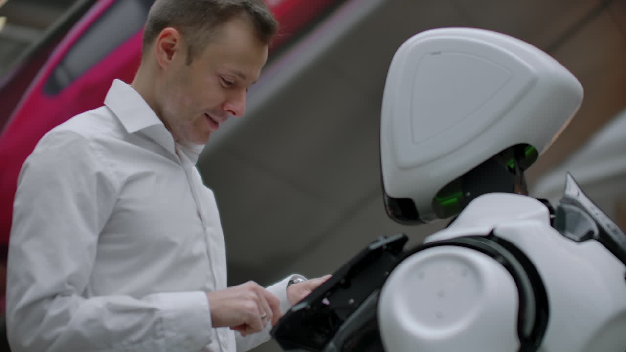 Electronics Engineer Working Scientist Inventor On Robot Construction. Slow-motion. Modern ...