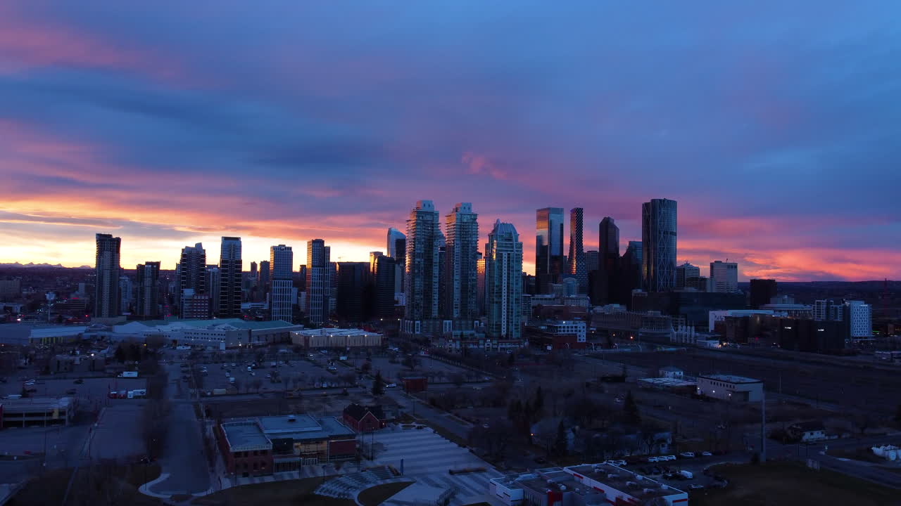 Premium stock video - Aerial of downtown calgary at sunset or sunrise 1