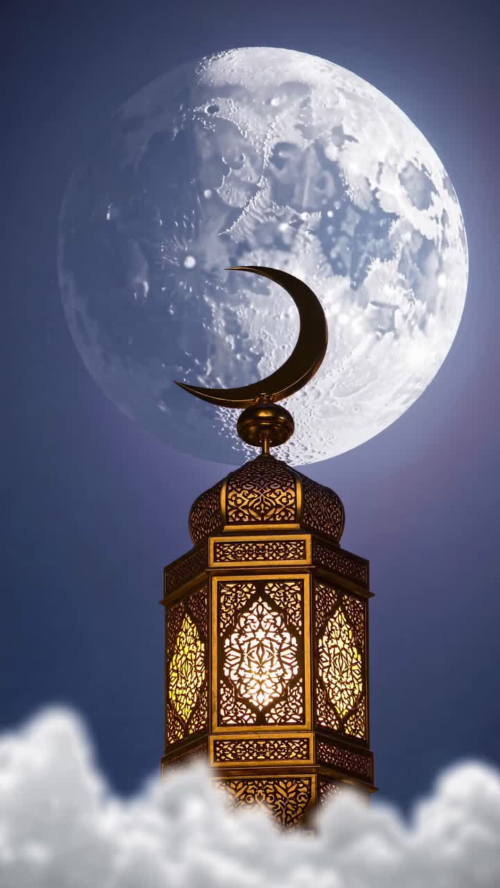 Low-angle shot of an ornate lantern with a crescent moon, set against a full moon backdrop ...
