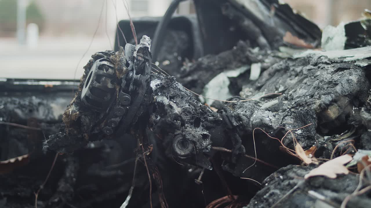 View Inside Charred And Melted Car Destroyed By Fire, Pan Free Stock ...