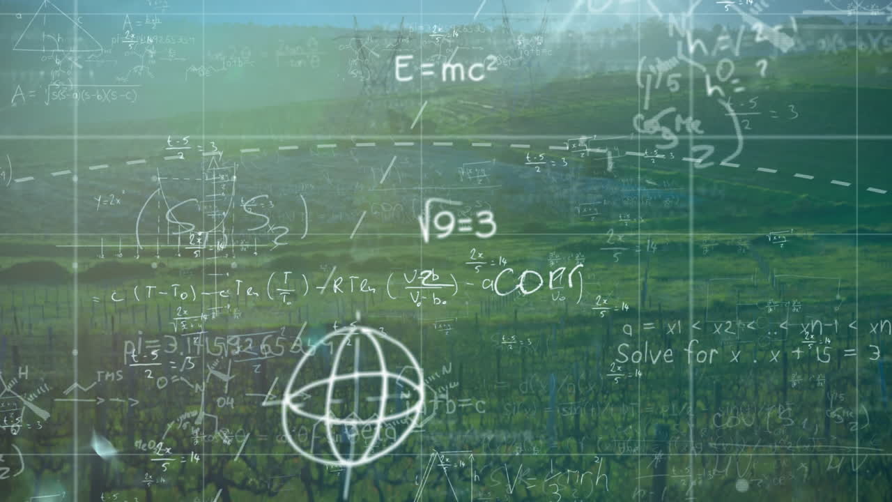 Premium stock video - Mathematical equations and formulas animation over green vineyard landscape