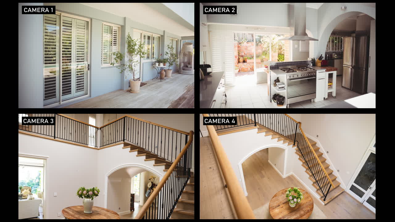 Composite of views from four security cameras in family home, showing ...