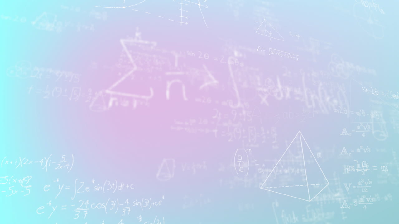 Animation of mathematical equations over pink and blue background ...