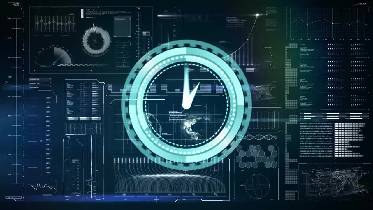 Animation of clock moving over data processing and diagrams | Premium ...