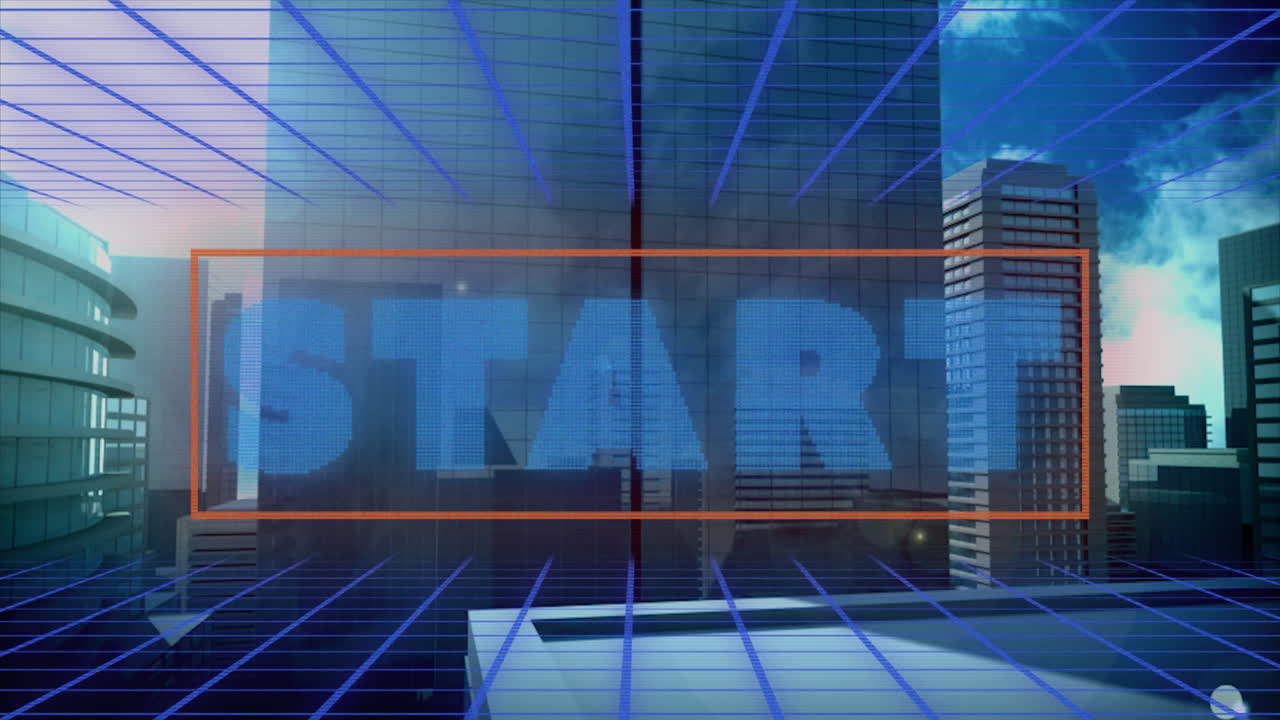 Animation of blue text start, in red rectangle, over modern cityscape ...