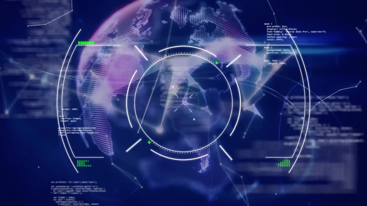 Animation Of Scope Scanning Over Globe Of Plexus Networks, Data Processing And Blue Light Trails ...