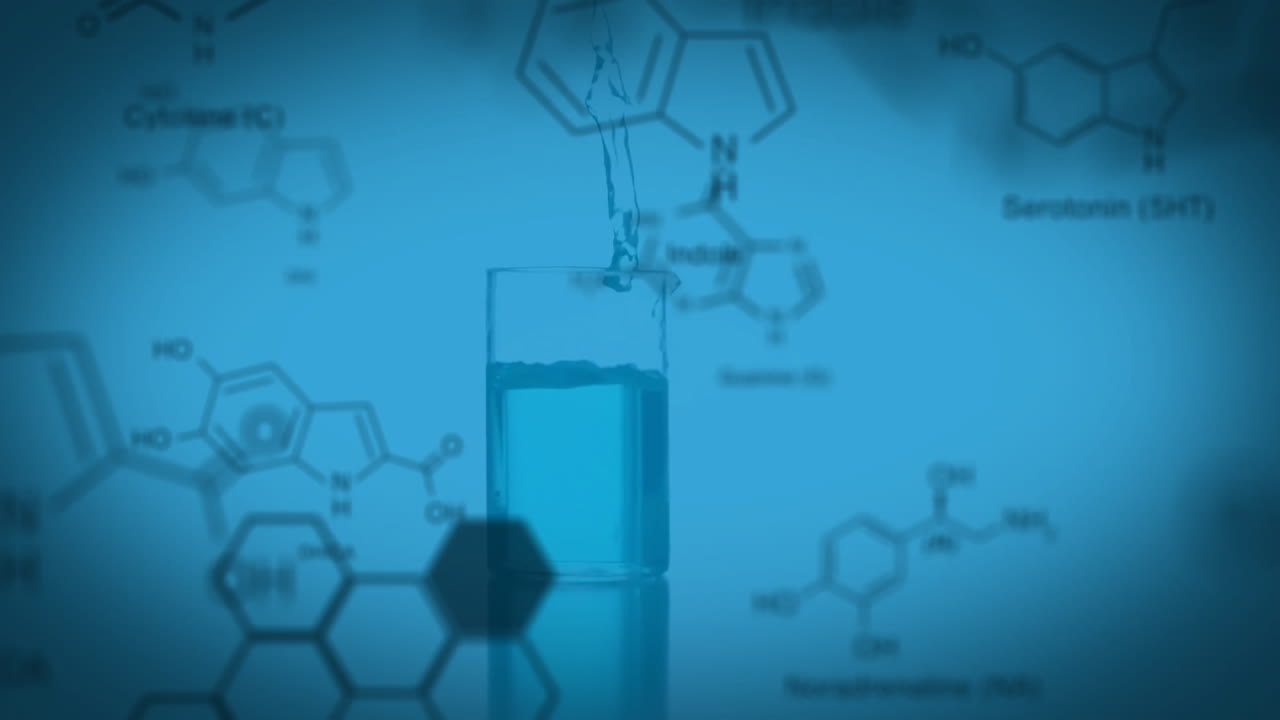 Animation of molecule structures over chemical filled laboratory flask ...