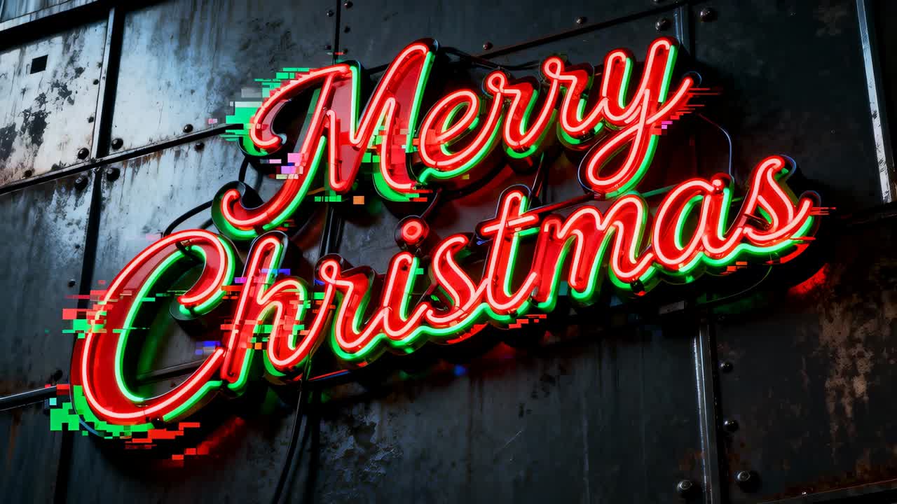 Camera starting move, pulling closer to Merry Christmas neon sign on ...