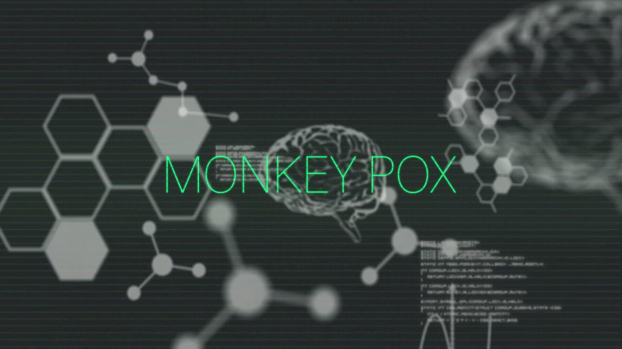 Animation Of Monkey Pox Text In Green And Interference Over Brains And ...