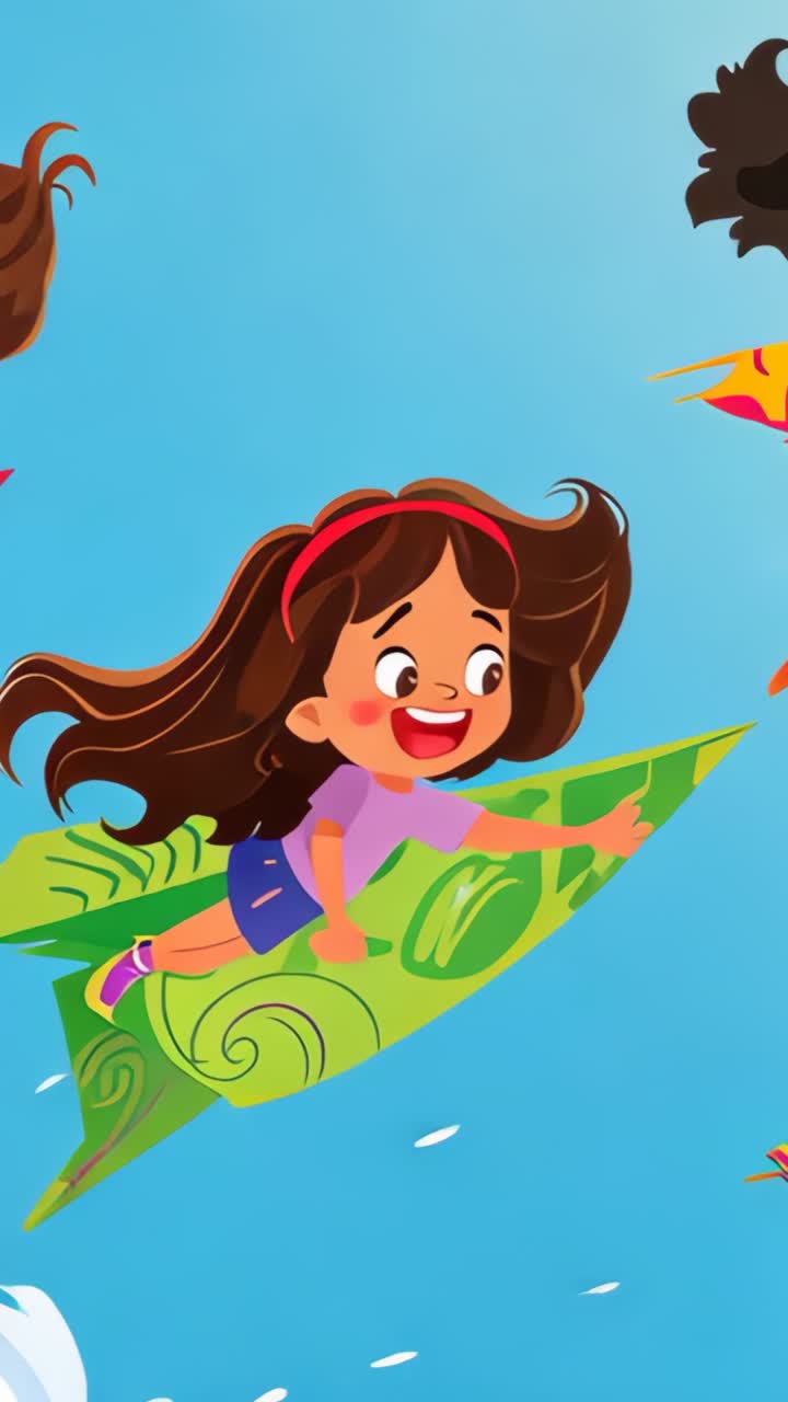 Vertical video: Gripping green leaf glider, girl racing friends above ...