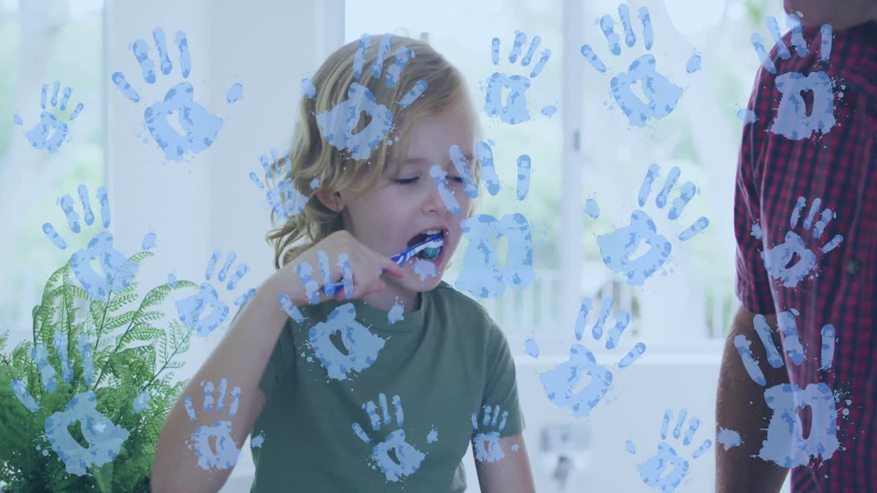 Premium stock video - Video of handprints over caucasian boy brushing teeth