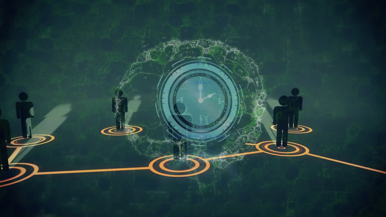 Neon digital clock ticking over human brain against network of ...