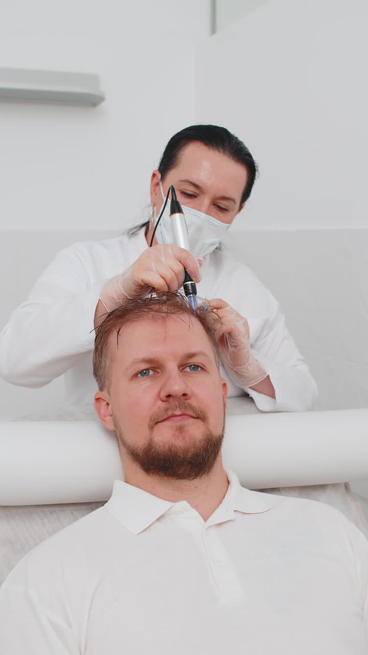Trichologist doing man improve hair growth procedure dermapen ...