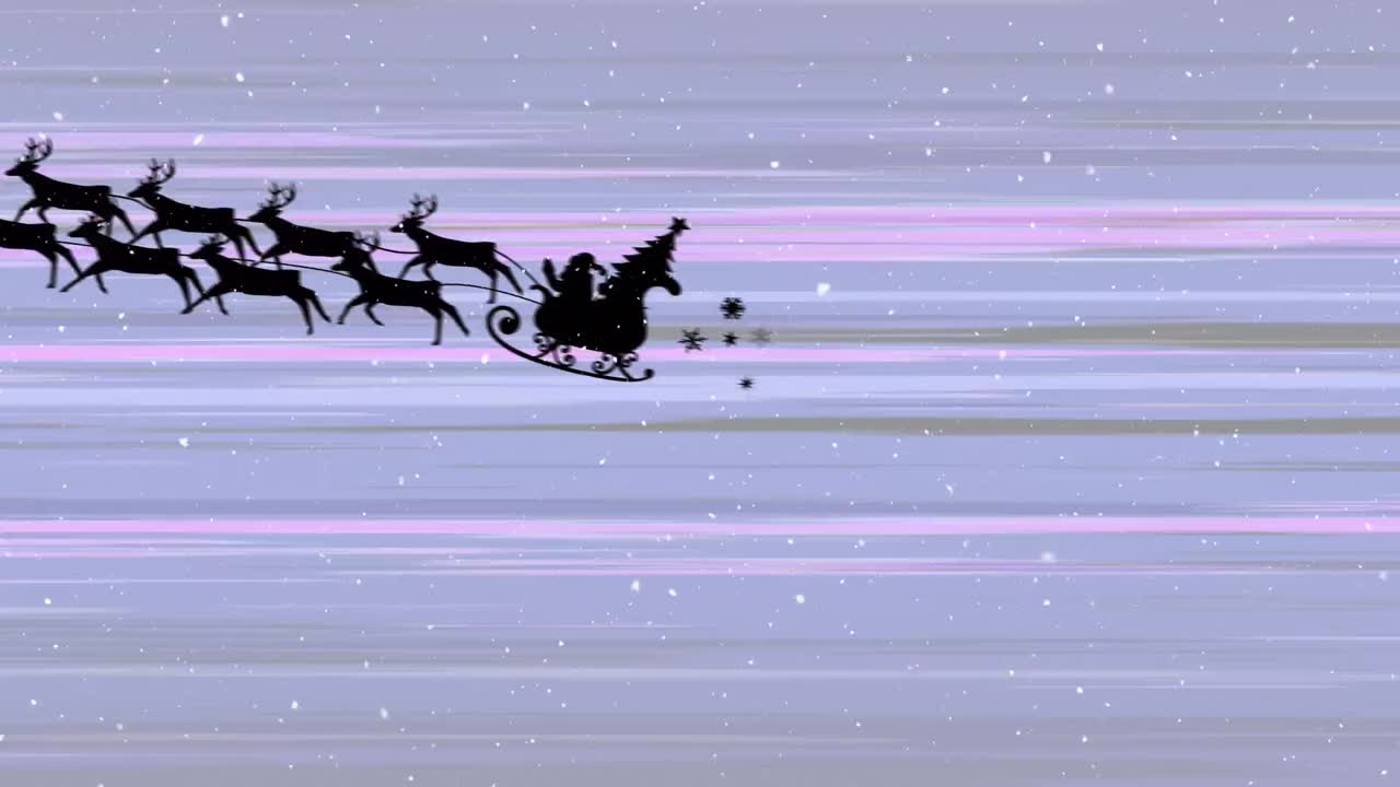Snow falling on santa claus in sleigh being pulled by reindeers against ...
