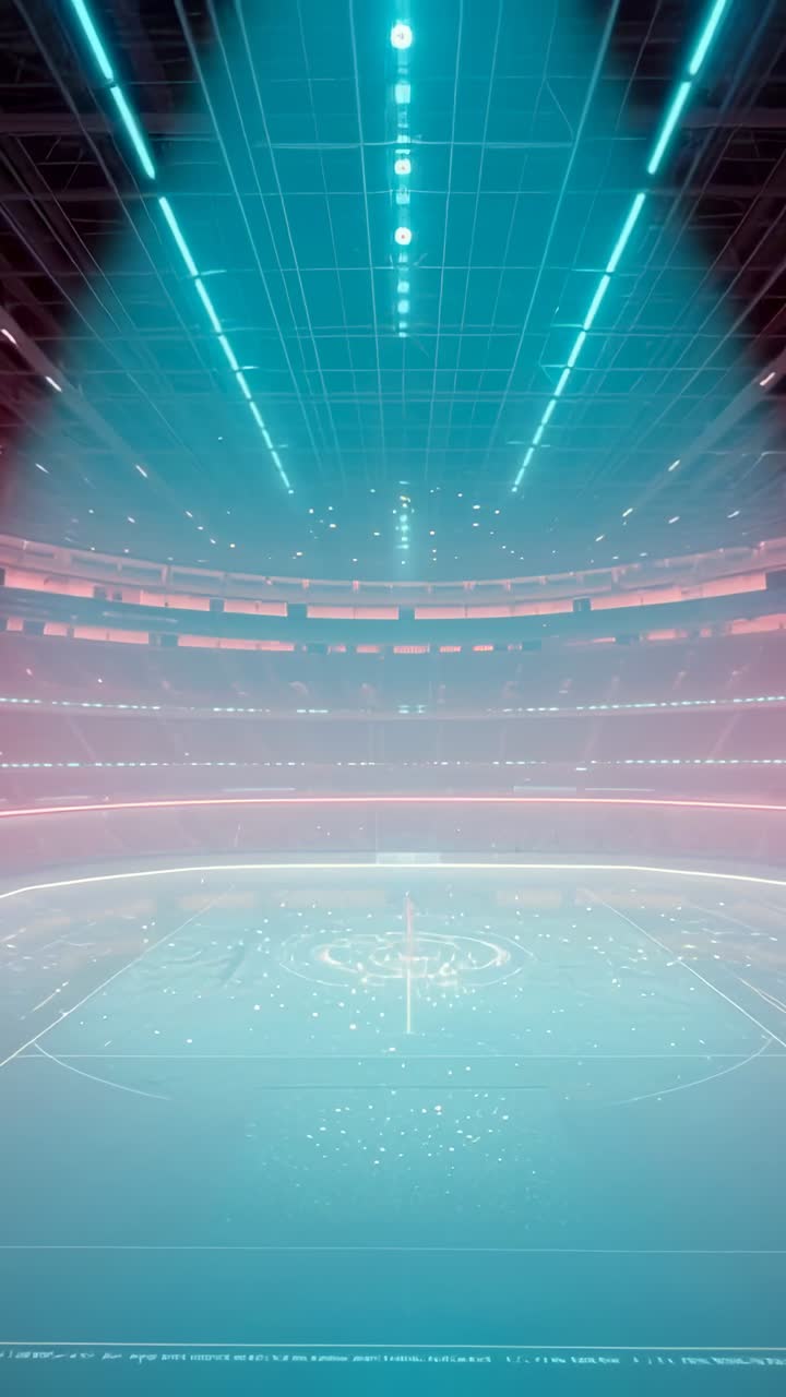Vertical video: Camera starting panning across neon-lit arena floor ...