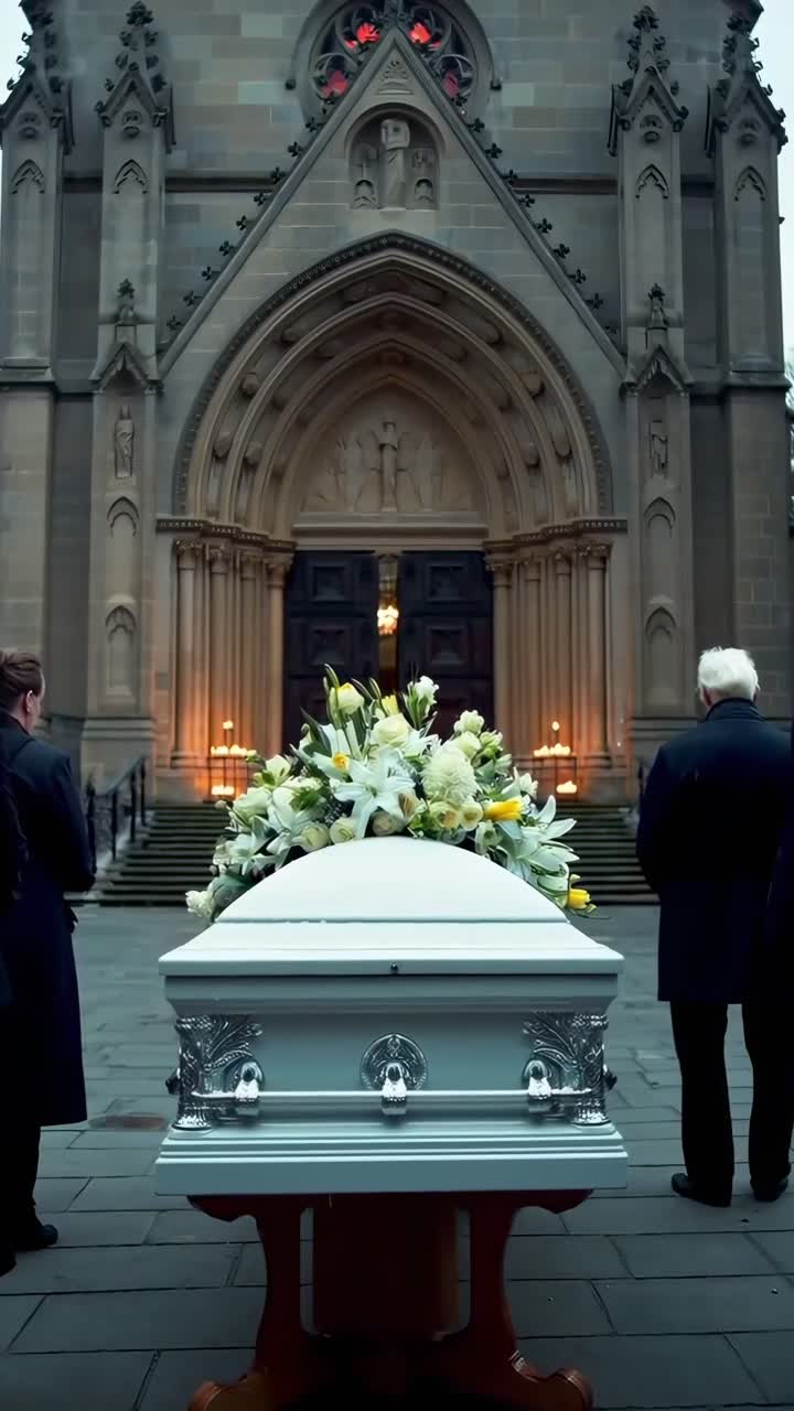 A solemn video scene captures a low-angle view of a white casket ...