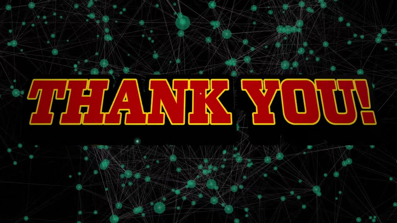 Animation of thank you text over network of connections with icons on ...