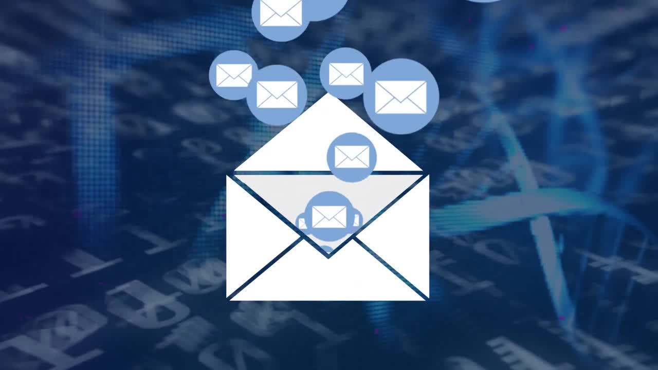 Premium stock video - Message icons coming out of envelope against dna structure and binary ...