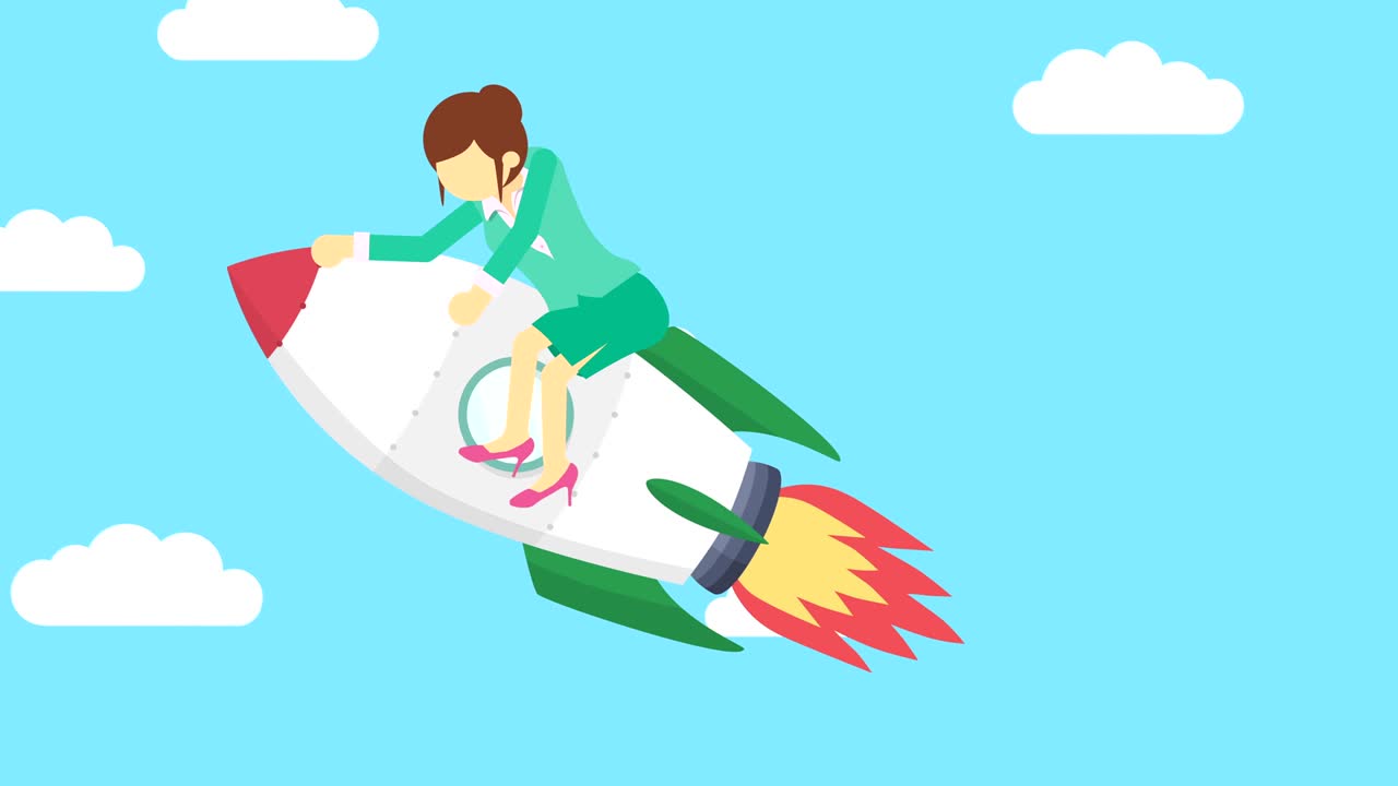 Business woman flying on rocket through blue sky. Leap concept. Loop ...