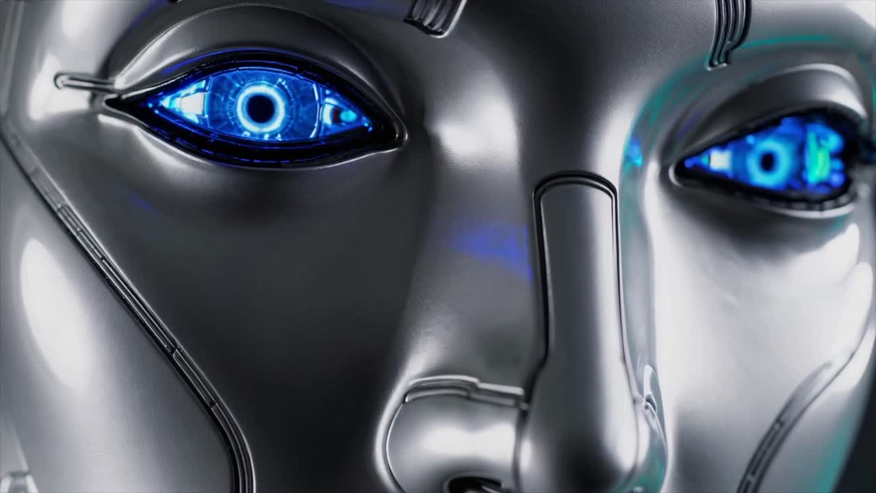 CGI close-up of a humanoid robot interacting with a virtual interface ...