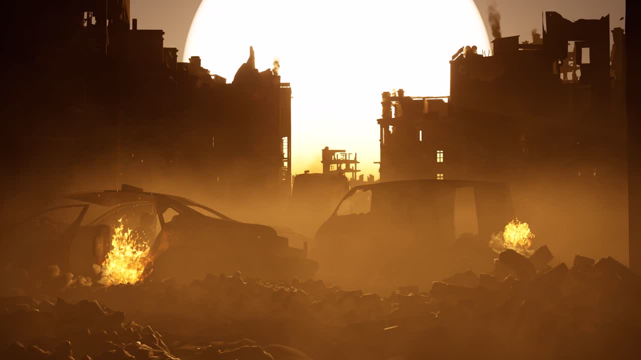 Premium stock video - A dystopian destroyed ruined city on sunset, with ...