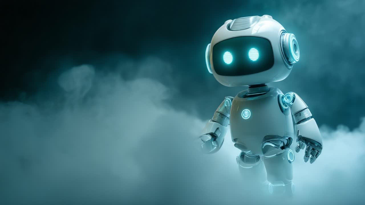 A futuristic robot emerges from a cloudy fog, illuminated by soft ...