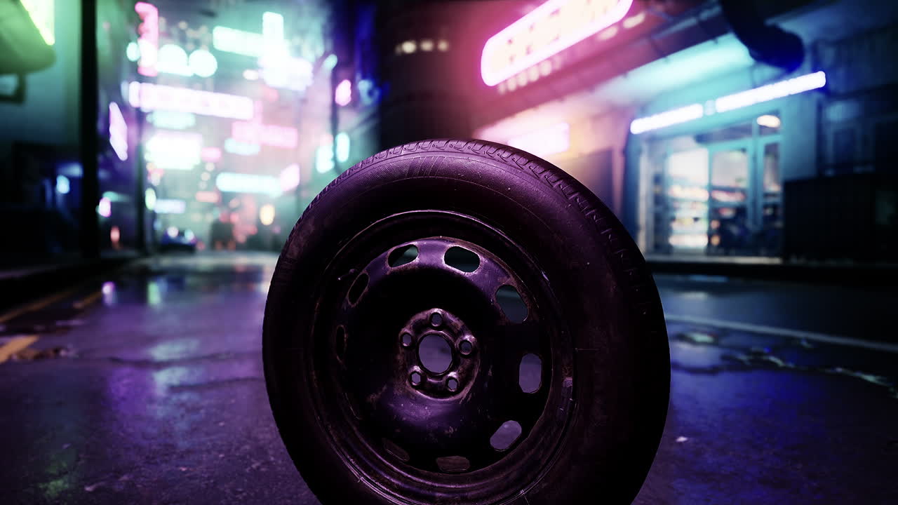 Premium stock video - A single tire sitting on a wet city street at ...