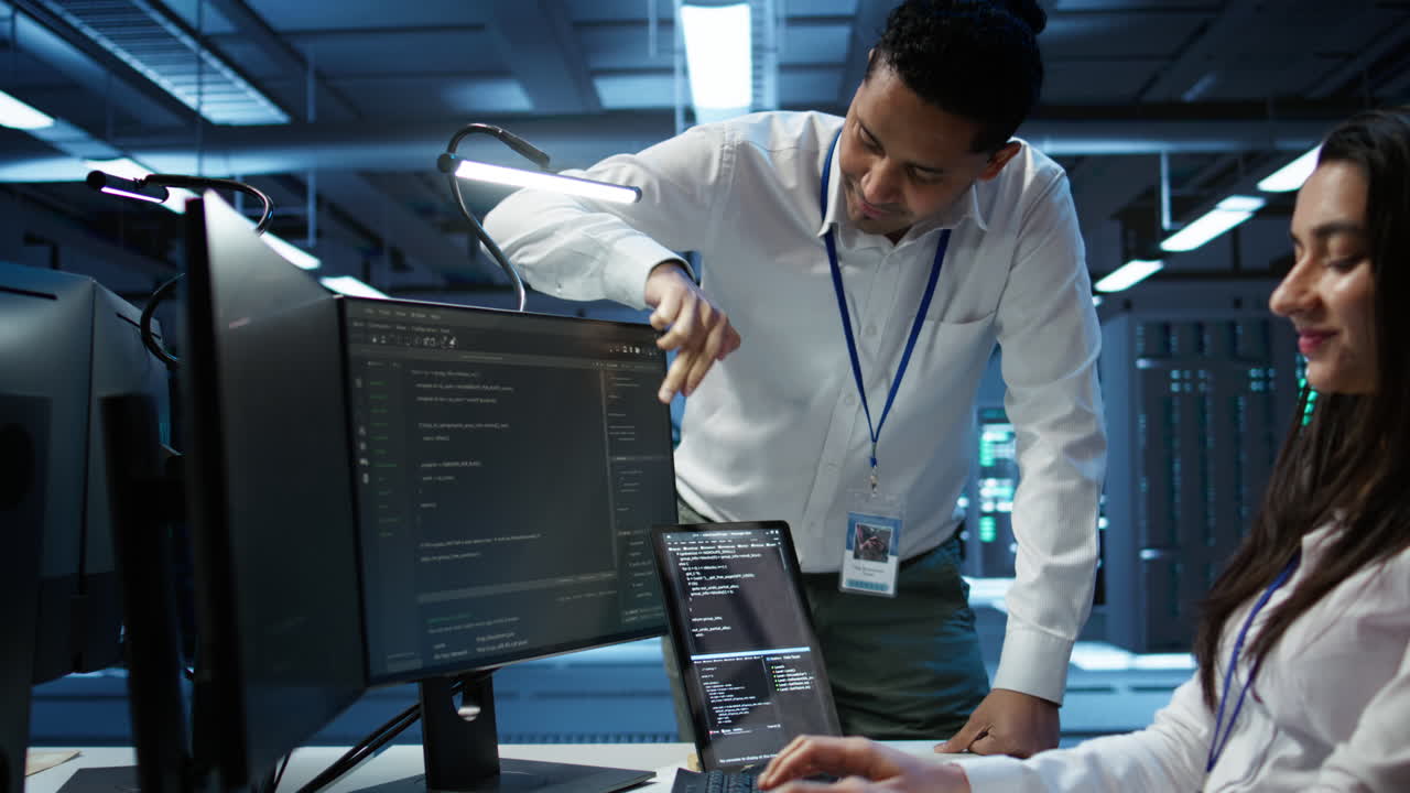 Premium stock video - Team of admins in data center ensuring system can handle networking tasks