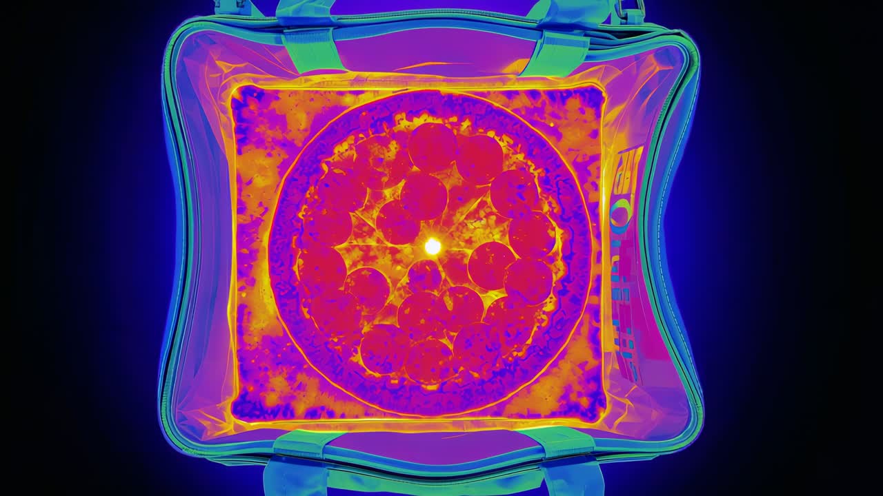 Recording thermal camera filming pizza on tray in handled cooler ...