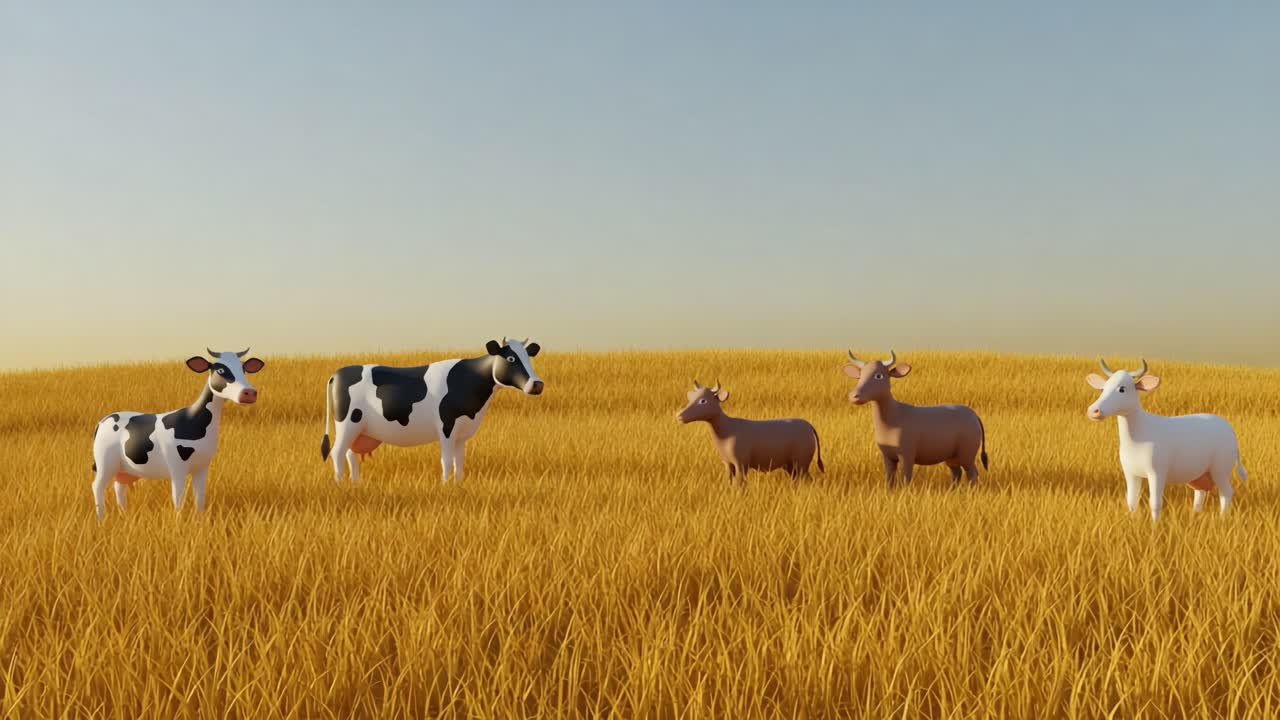 A Serene Pastoral Scene Featuring Animated Cows Grazing in a Lush ...