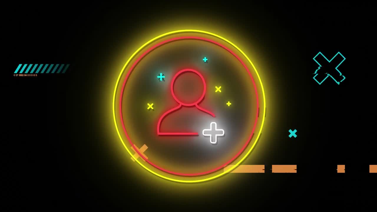 Animation Of Red Neon Person Icon In Yellow And Red Rings, With ...