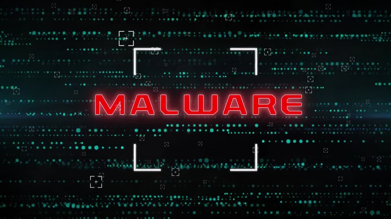 Premium stock video - Animation of data processing and malware text over black background