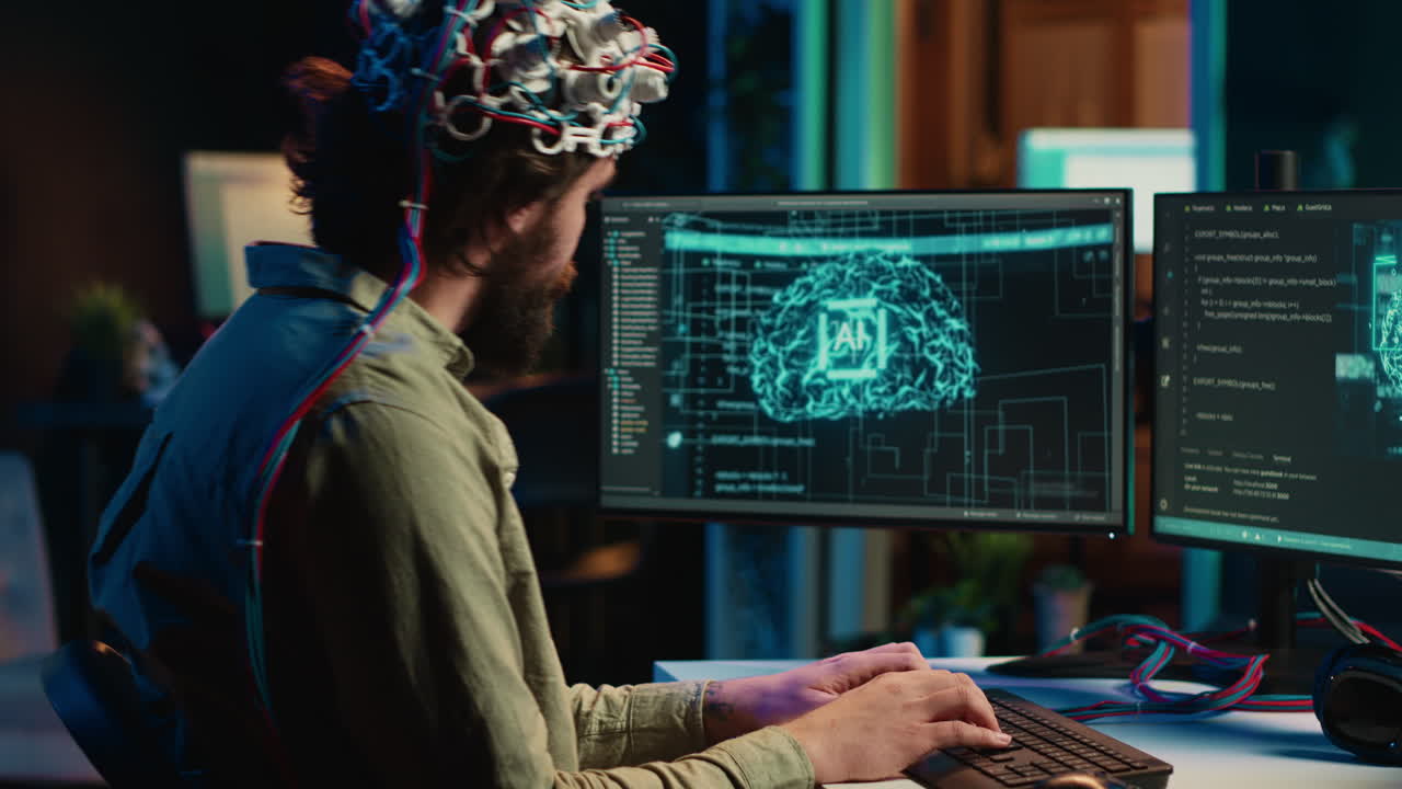 It Admin Coding And Using Eeg Headset To Upload Brain Into Computer Free Stock Video Footage