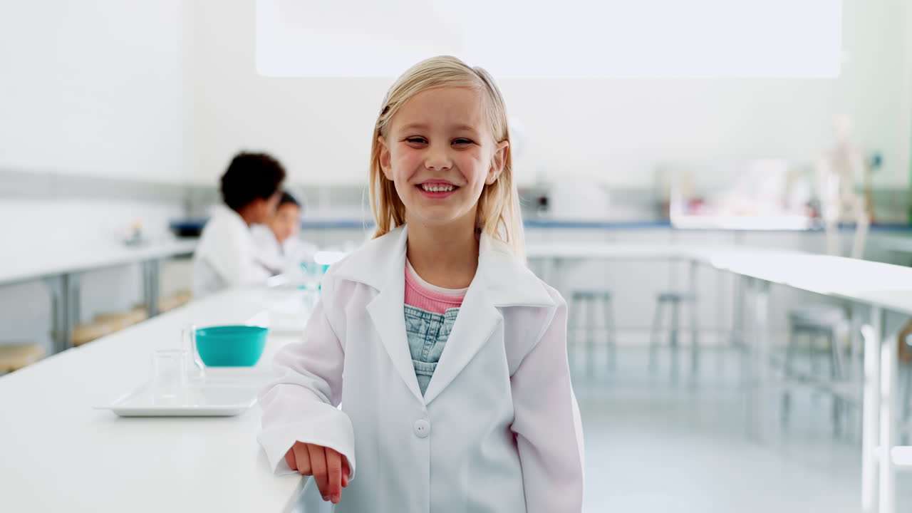 Premium stock video - Science, girl and happy with face