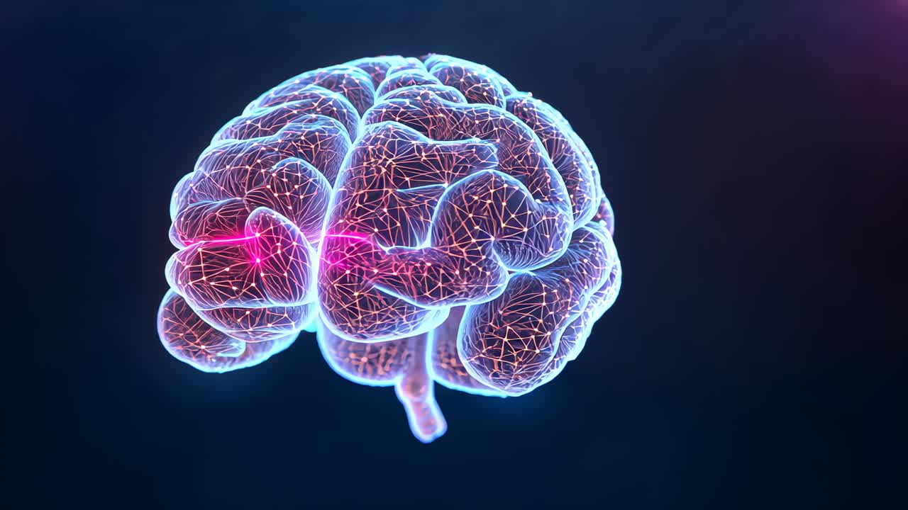 On start rotating digital 3D brain model panning around dark void, with ...