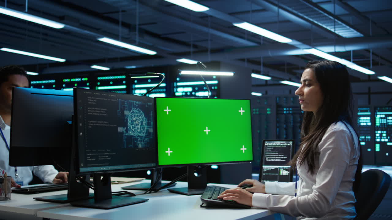 Premium stock video - Admin using ai tech on isolated screen pc to do maintenance in server room