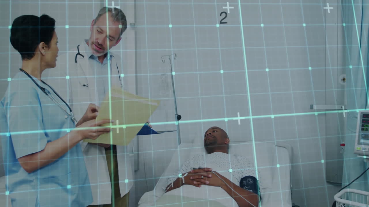 Animation of white shapes moving over diverse doctors talking with ...