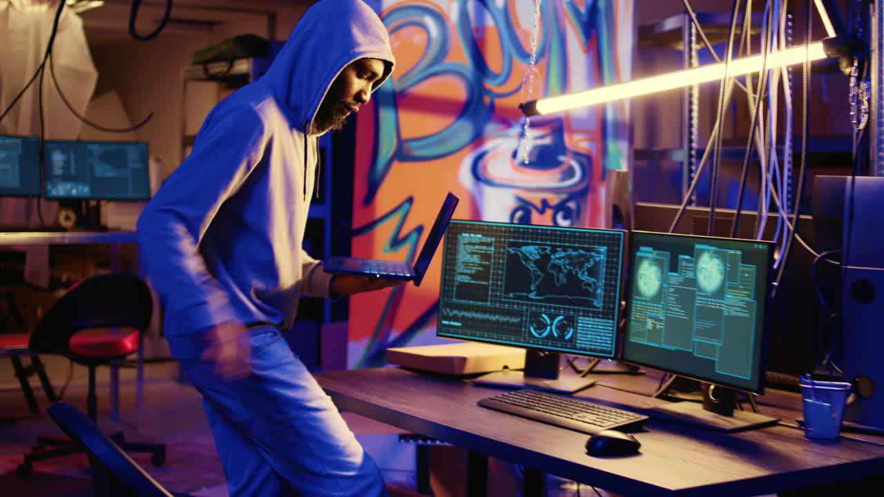 Hacker Arrives In Underground Hideout Free Stock Video Footage Download ...