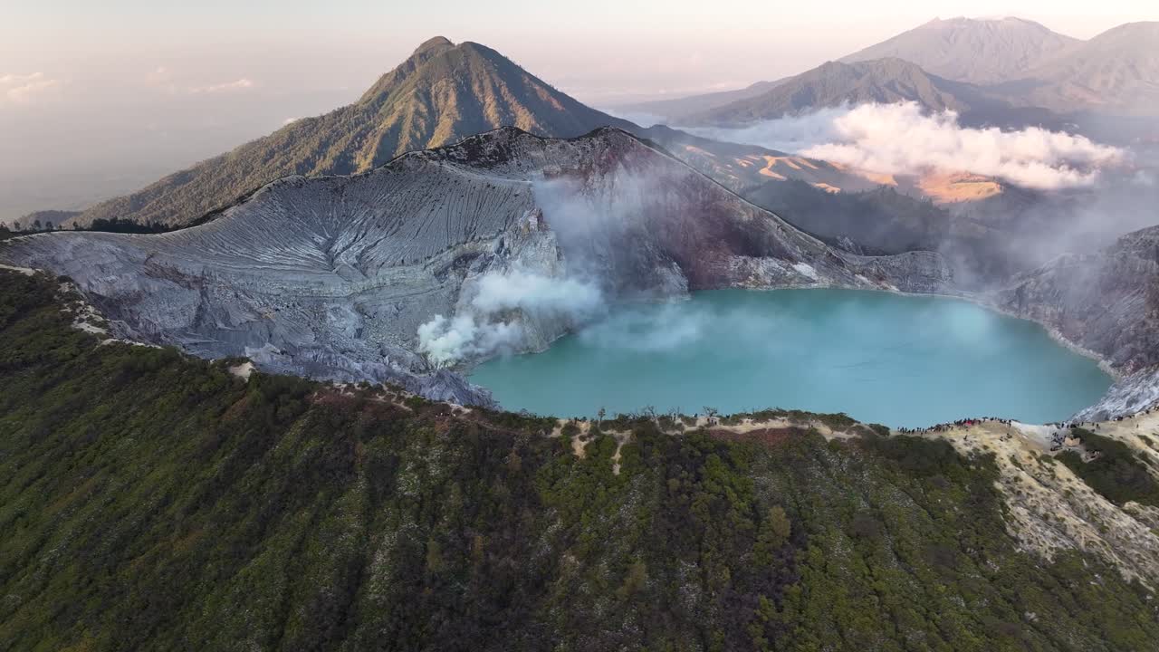 Spectacular drone view over Ijen Volcano crater rim, Volcanic landscape ...