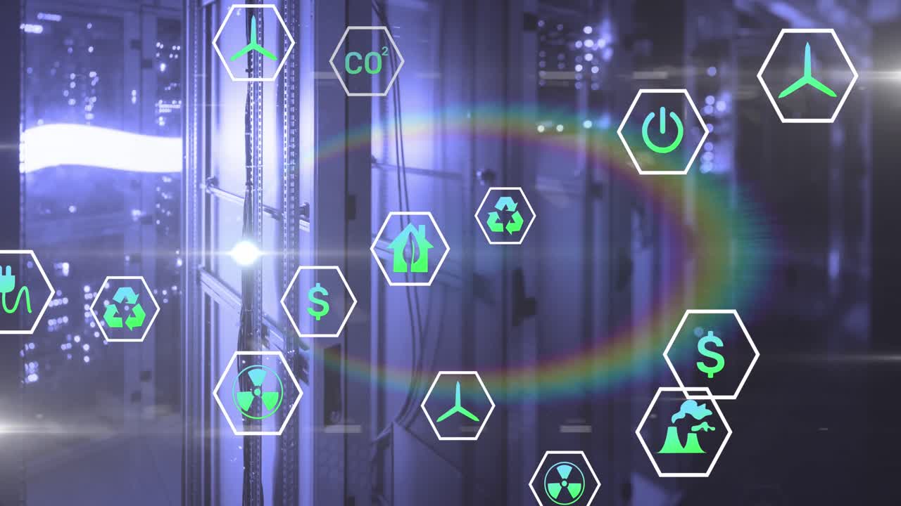 Animation Of Multiple Icons And Lens Flares Over Illuminated Data ...