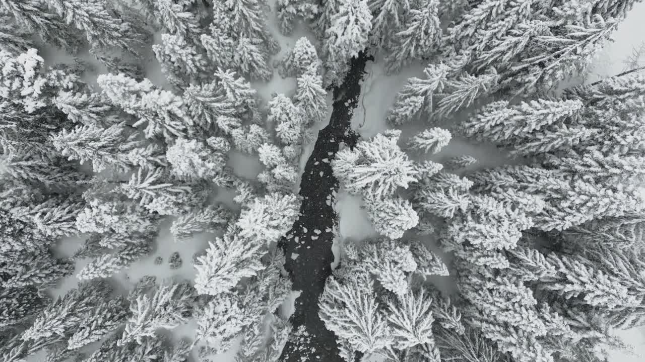 Bird's-eye view of a wintry landscape in Idaho, USA, as snow-covered ...