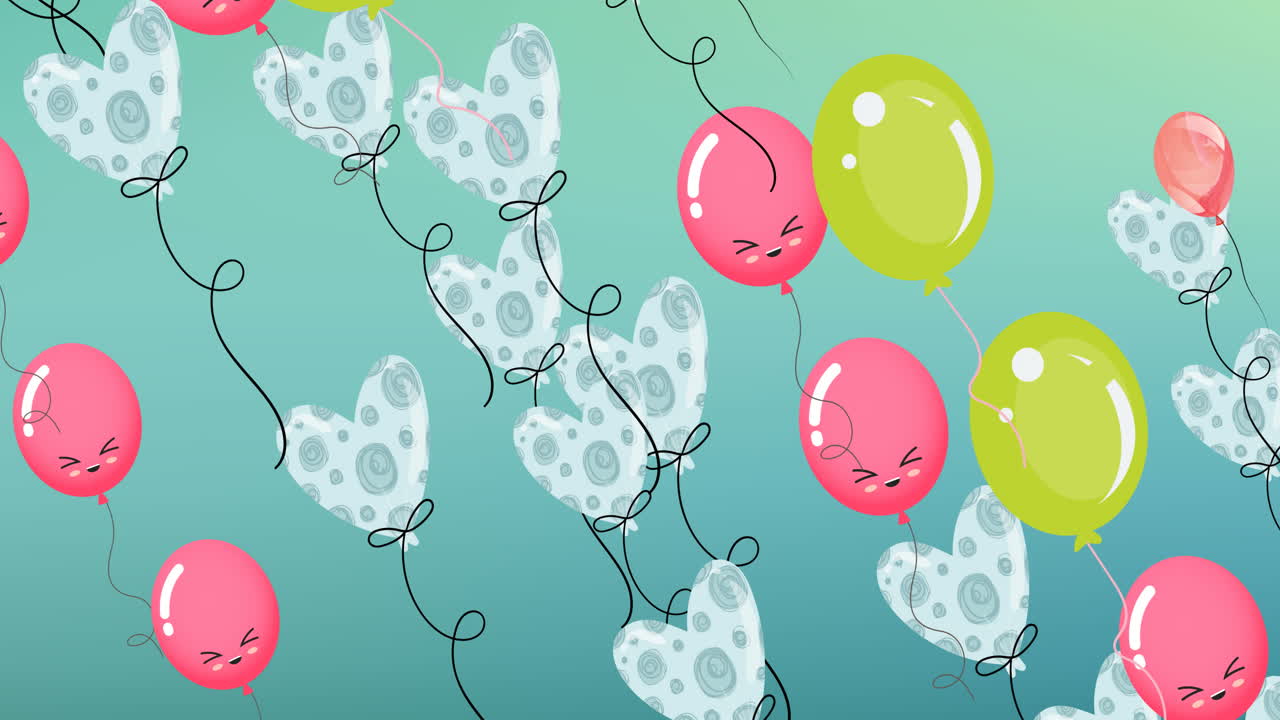 Animation of colourful balloons with faces flying on green background ...
