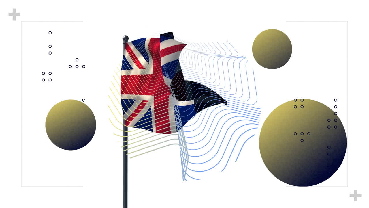 Waving Union Jack flag with animation of abstract geometric shapes in ...