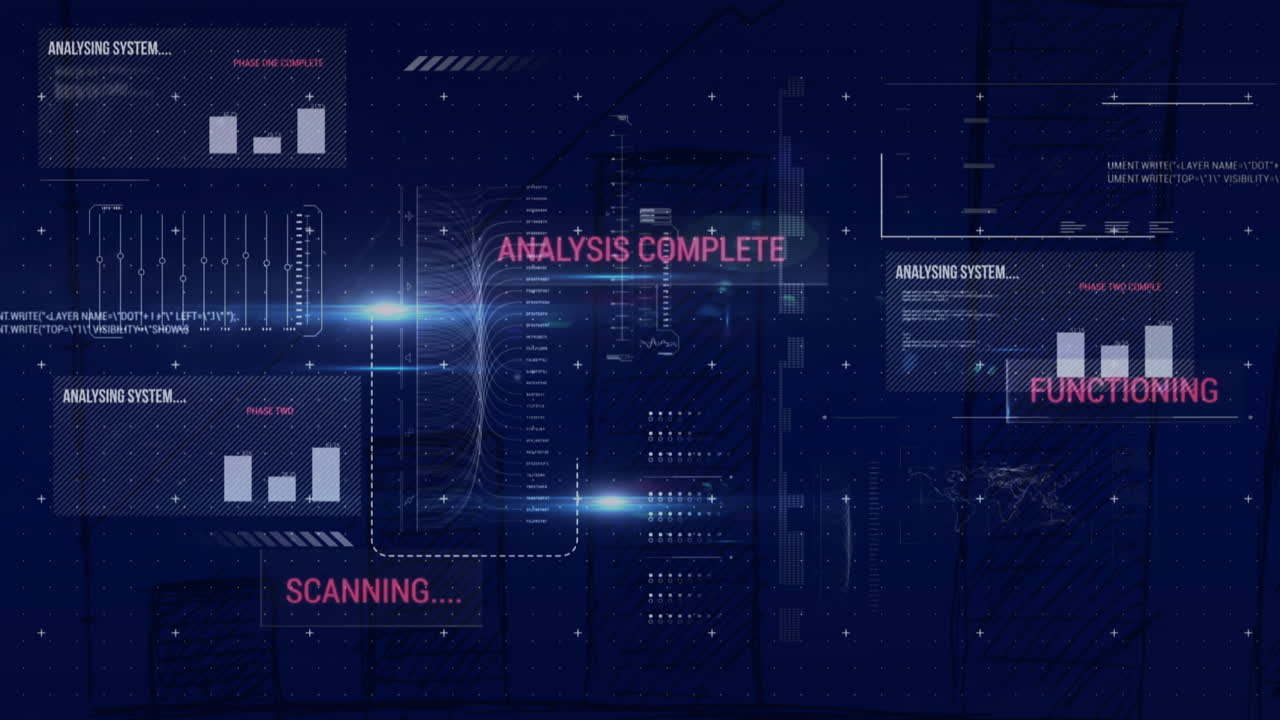 animation of scanning analysis complete text and charts processing data on interface screen ...