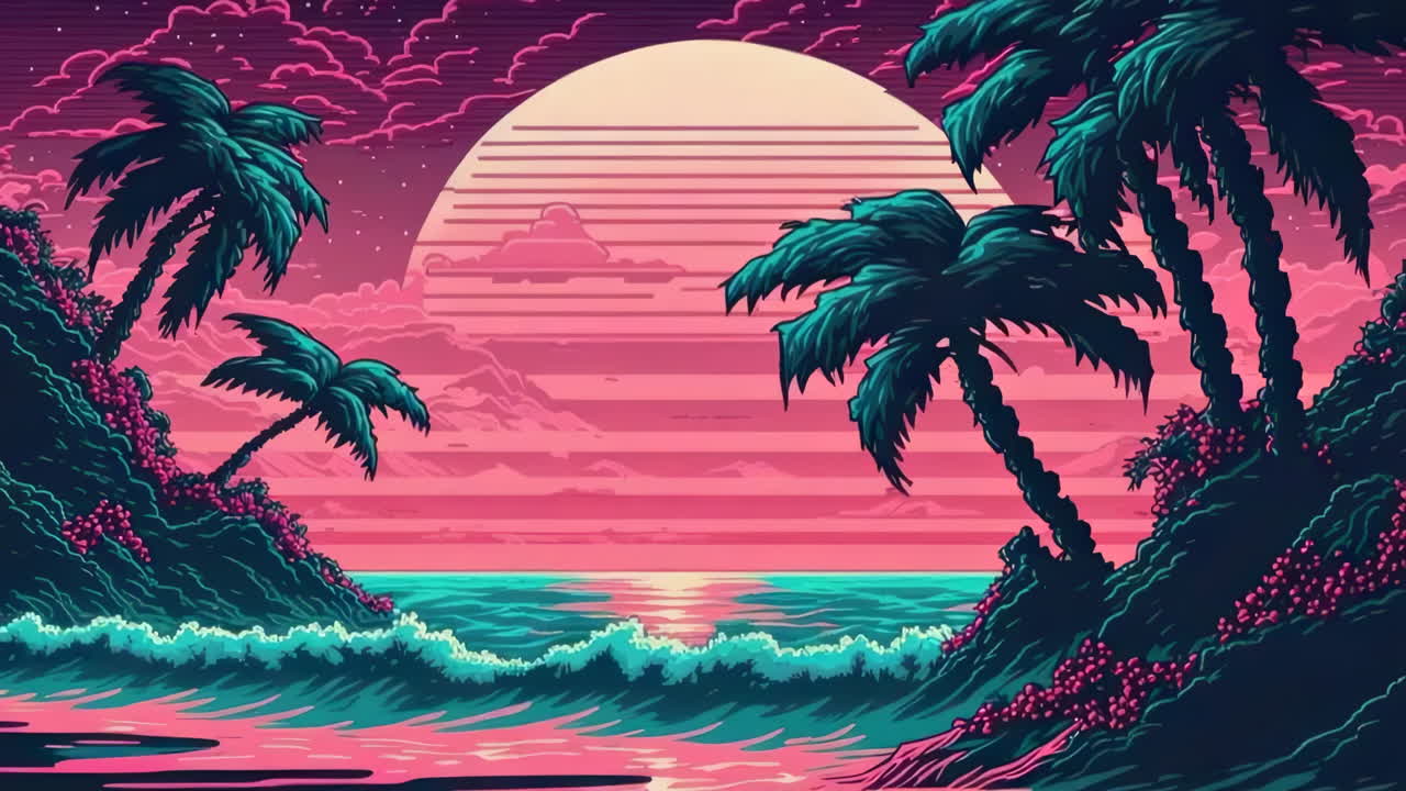 Synthwave Sunset Beach Landscape with Palm Trees | Premium Stock Video ...