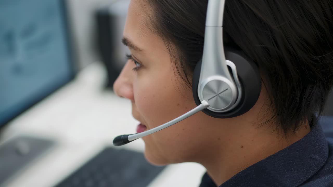 Taking incoming call, call center agent speaking into headset at work ...