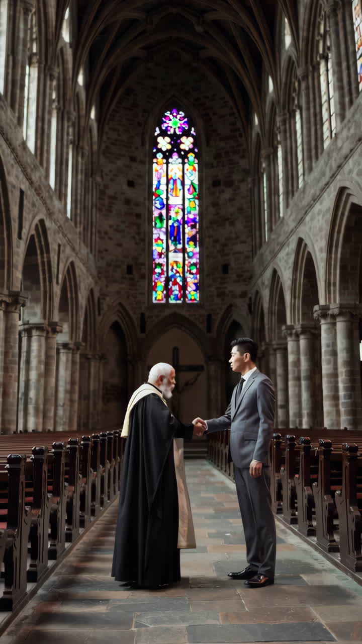 Priest and Man Handshake in Church | Premium Stock Video Footage